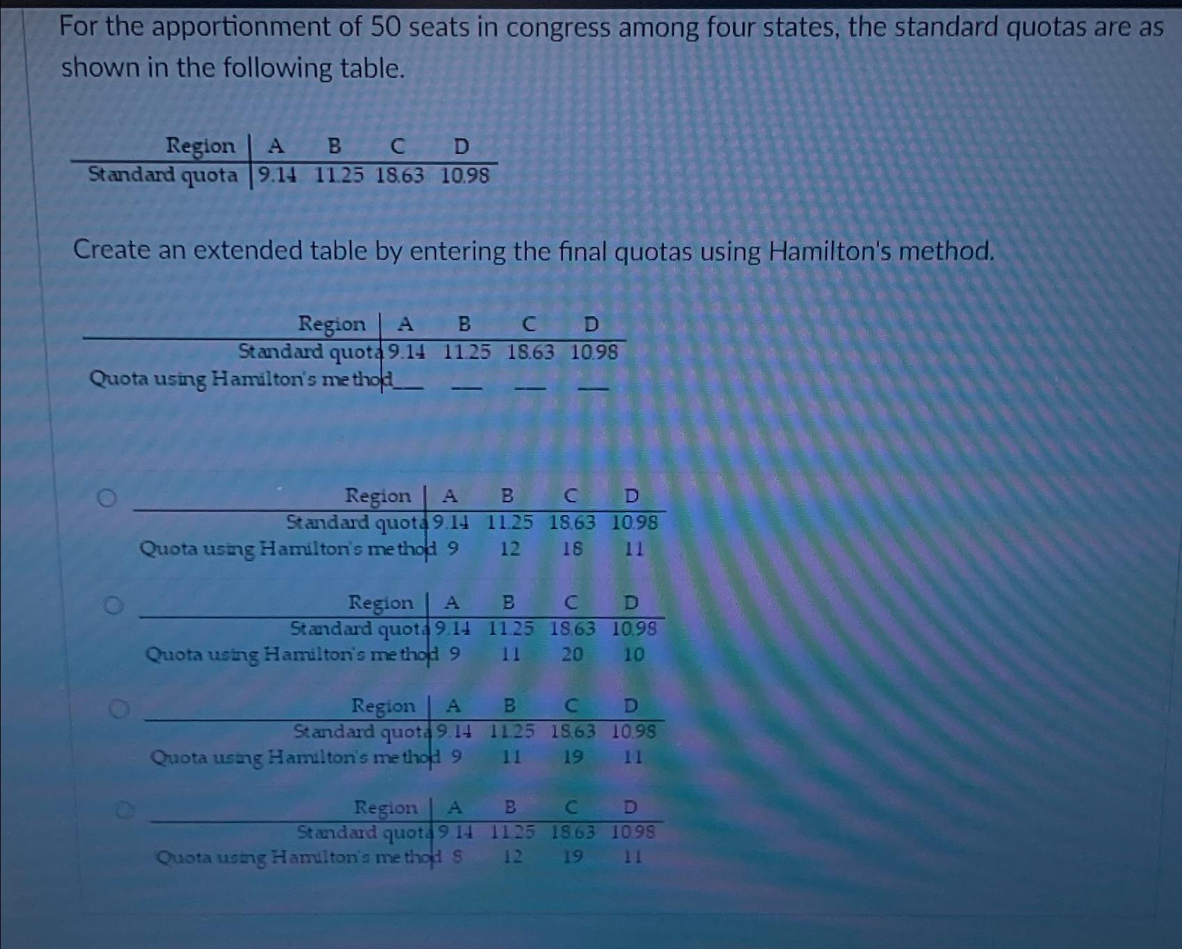 Solved For the apportionment of 50 ﻿seats in congress among | Chegg.com
