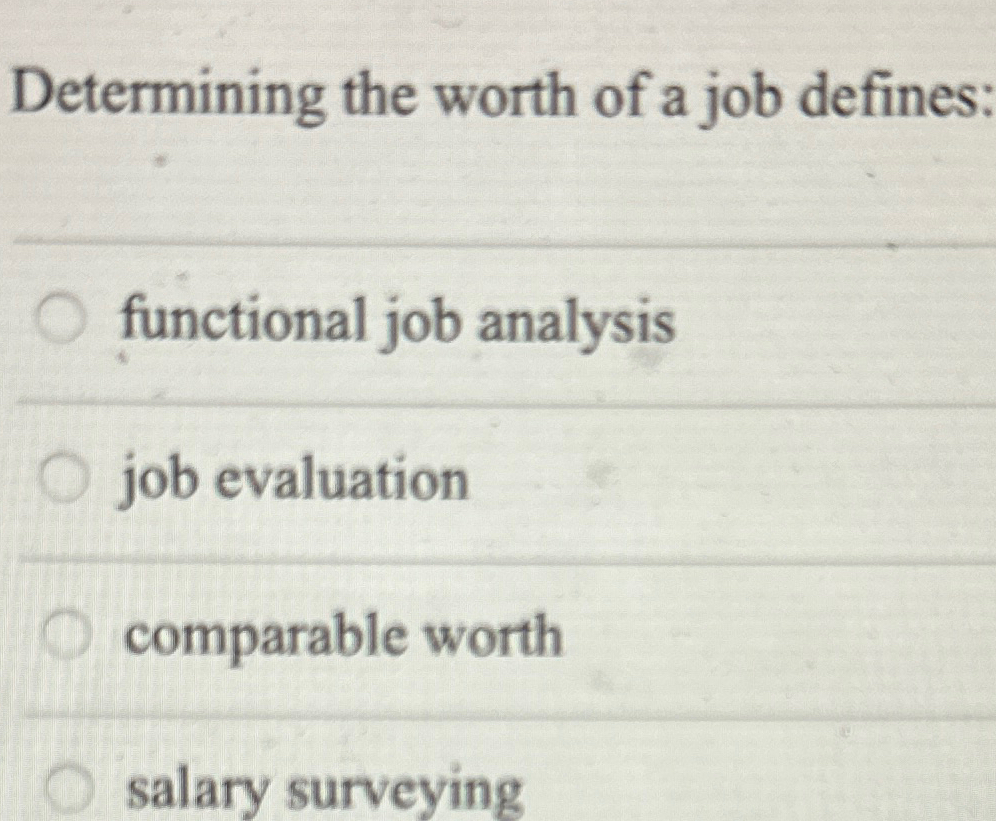 Solved Determining the worth of a job defines:functional job | Chegg.com