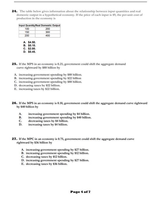 Solved 24. The table below gives information about the | Chegg.com