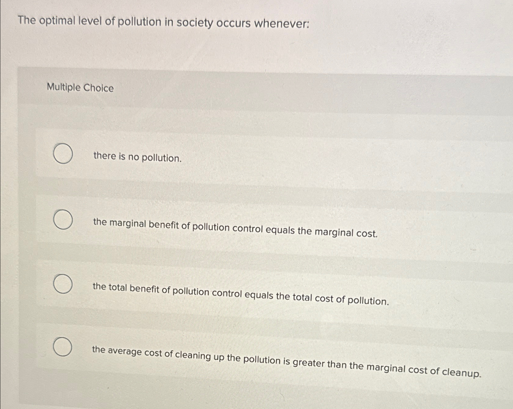 Solved The optimal level of pollution in society occurs | Chegg.com