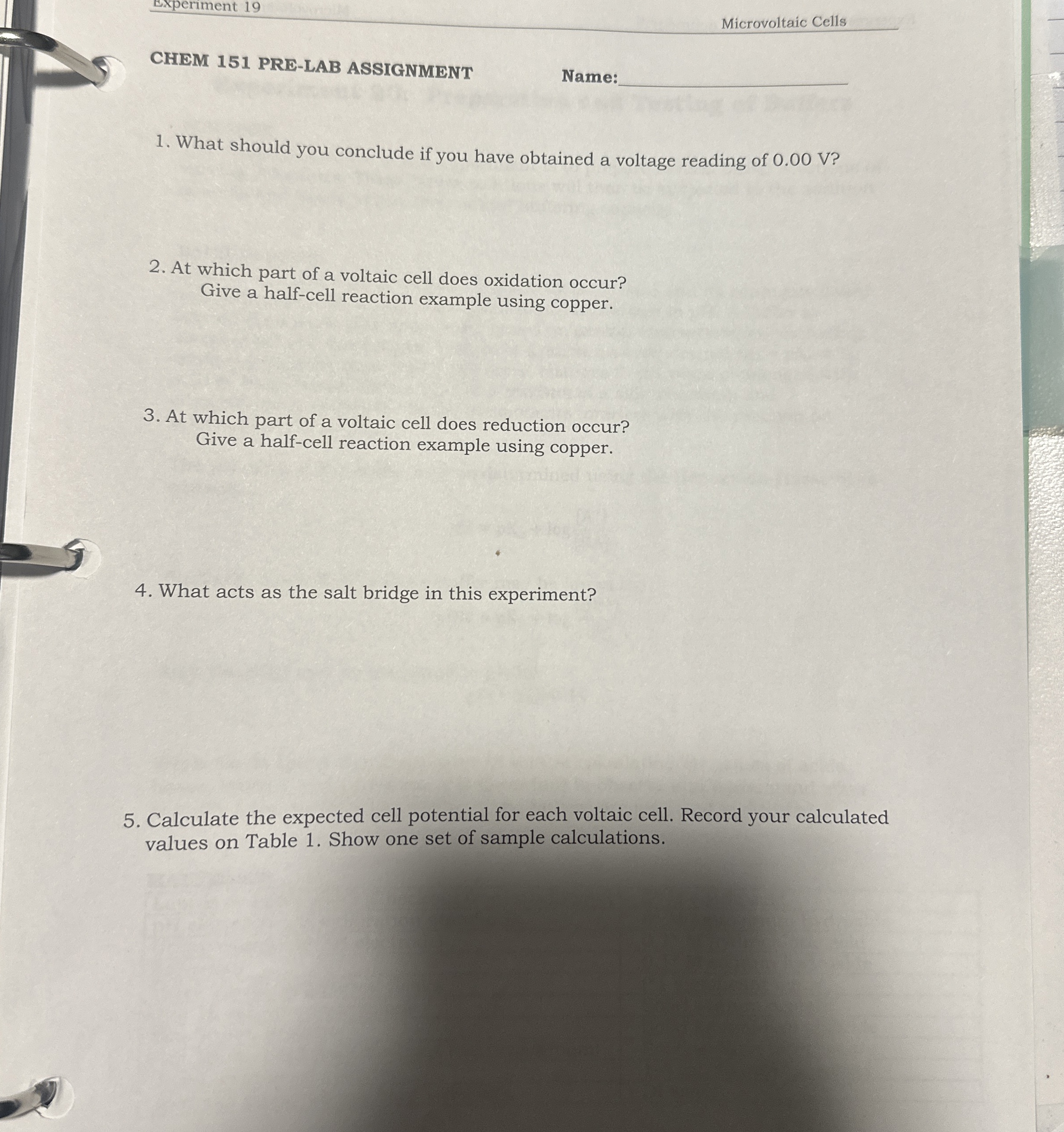 Solved Experiment 19Microvoltaic CellsCHEM 151 ﻿PRE-LAB | Chegg.com