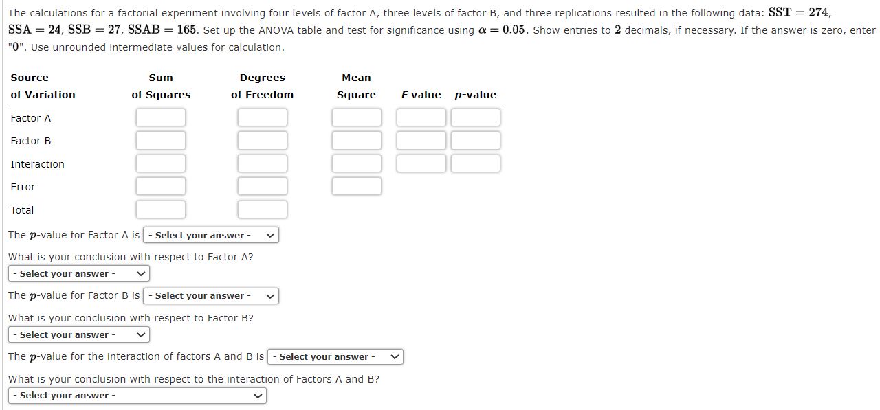 Solved The calculations for a factorial experiment involving | Chegg.com