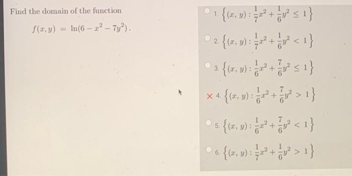 Solved Find the domain of the function f(x,y)=ln(6−x2−7y2). | Chegg.com