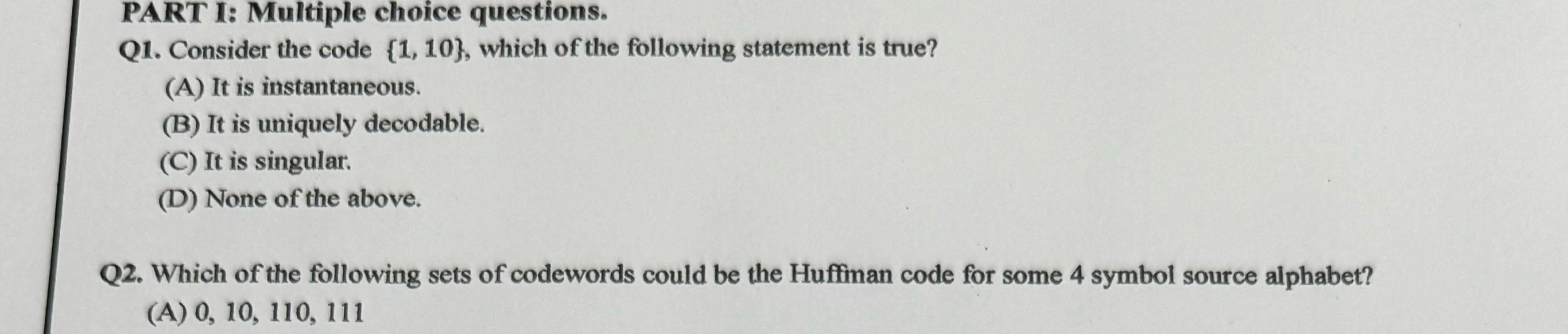 Solved PART I: Multiple choice questions.Q1. ﻿Consider the | Chegg.com