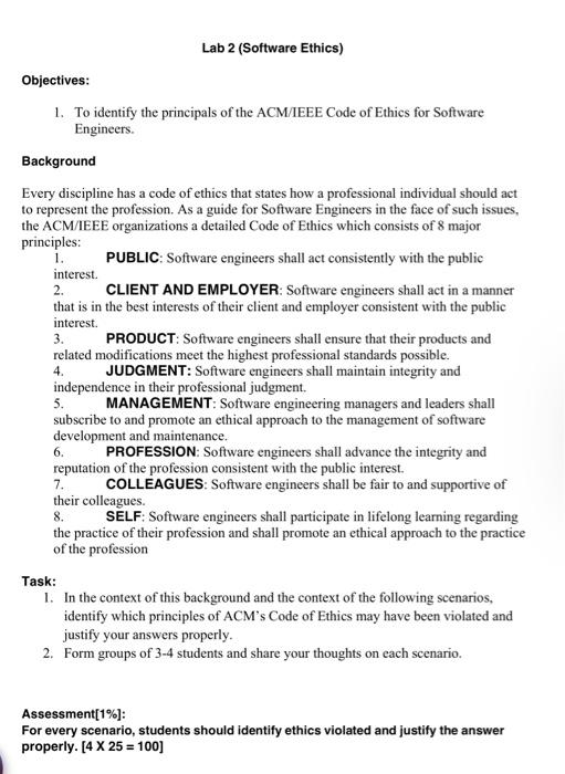 Solved Lab 2 (Software Ethics) Objectives: 1. To identify | Chegg.com
