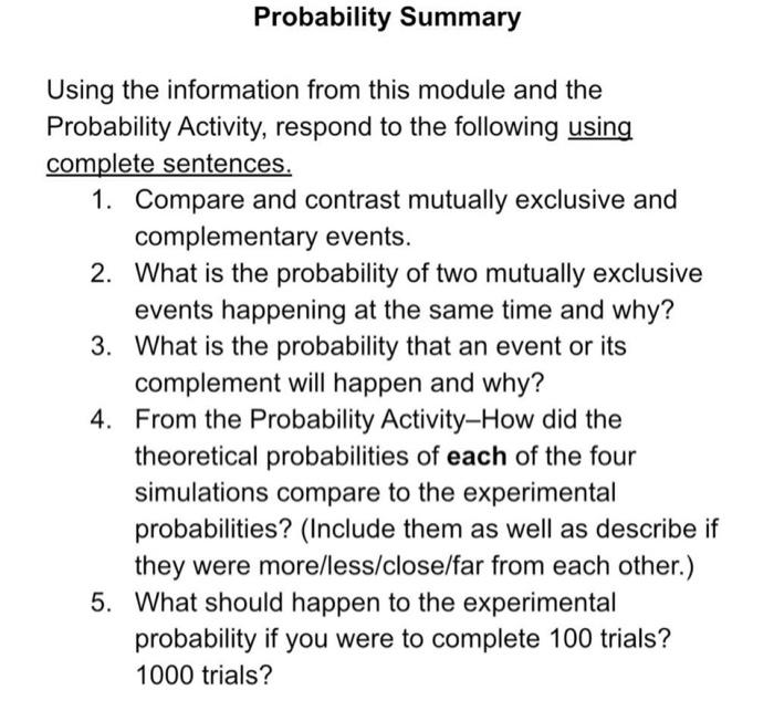 Solved Probability Summary Using the information from this | Chegg.com