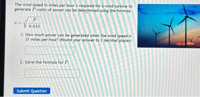 Solved The wind speed in miles per hour v required for a | Chegg.com