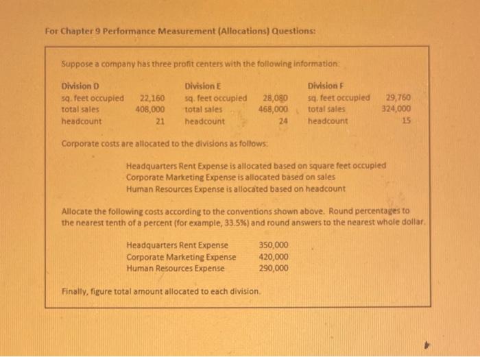 Solved For Chapter 9 Performance Measurement (Allocations) | Chegg.com