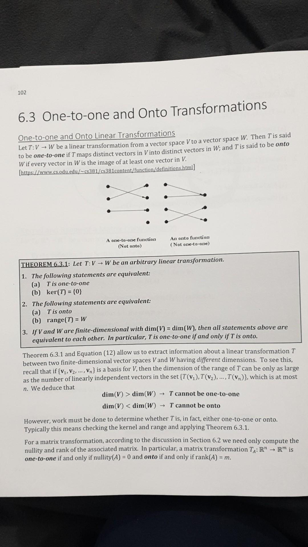 Solved 102 6.3 One-to-one and Onto Transformations | Chegg.com