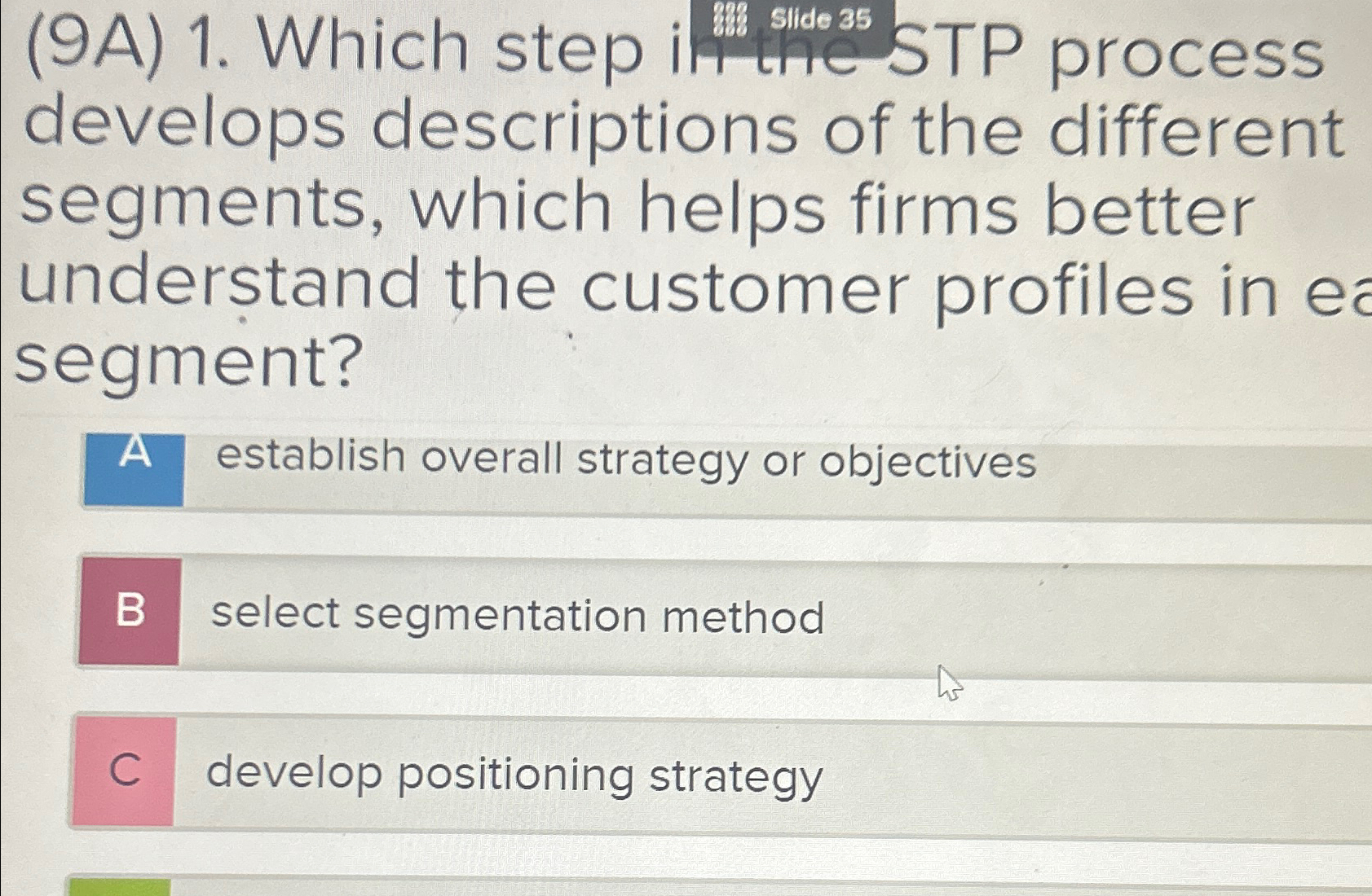 Solved (9A) 1. ﻿Which step6 ﻿slide 35 ﻿STP process develops | Chegg.com