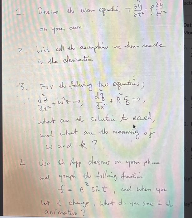 Solved 1. Derive tho wave equatia T∂x2∂y^=ρ∂t2∂y˙ on youn | Chegg.com