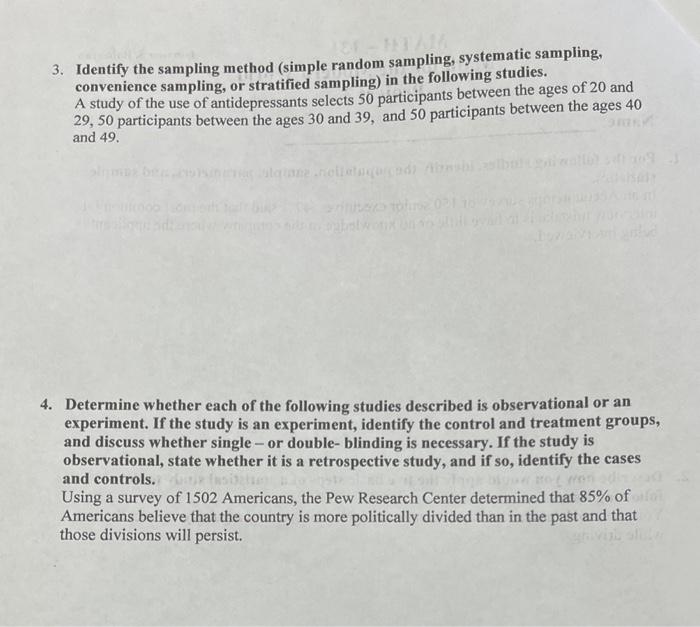 Solved 3. Identify the sampling method (simple random | Chegg.com