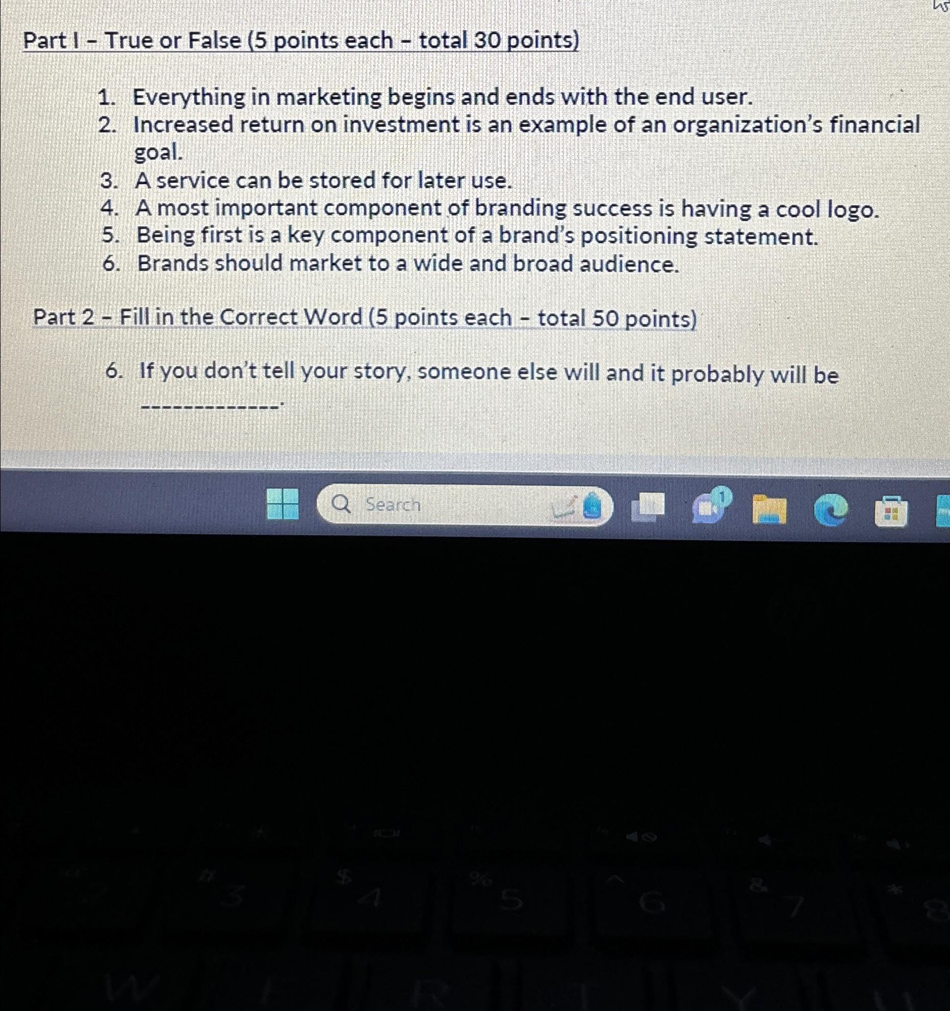 Solved Part I - ﻿True or False ( 5 ﻿points each - ﻿total 30 | Chegg.com