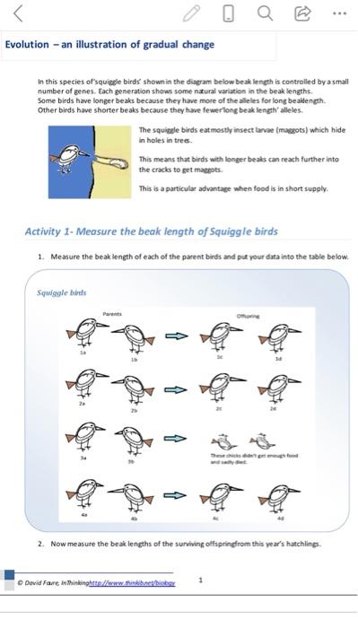 Solved 1a 1c 1b 1d 2a 2c Results table for squiggle bird | Chegg.com