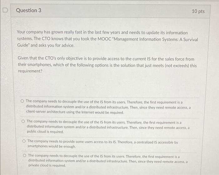 Solved Question 4 10 pts Now, the CTO tells you that it | Chegg.com