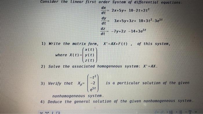 Solved Consider the linear first order System of | Chegg.com