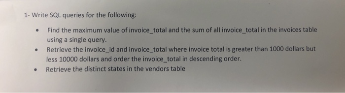 Solved 1- Write SQL queries for the following: Find the | Chegg.com