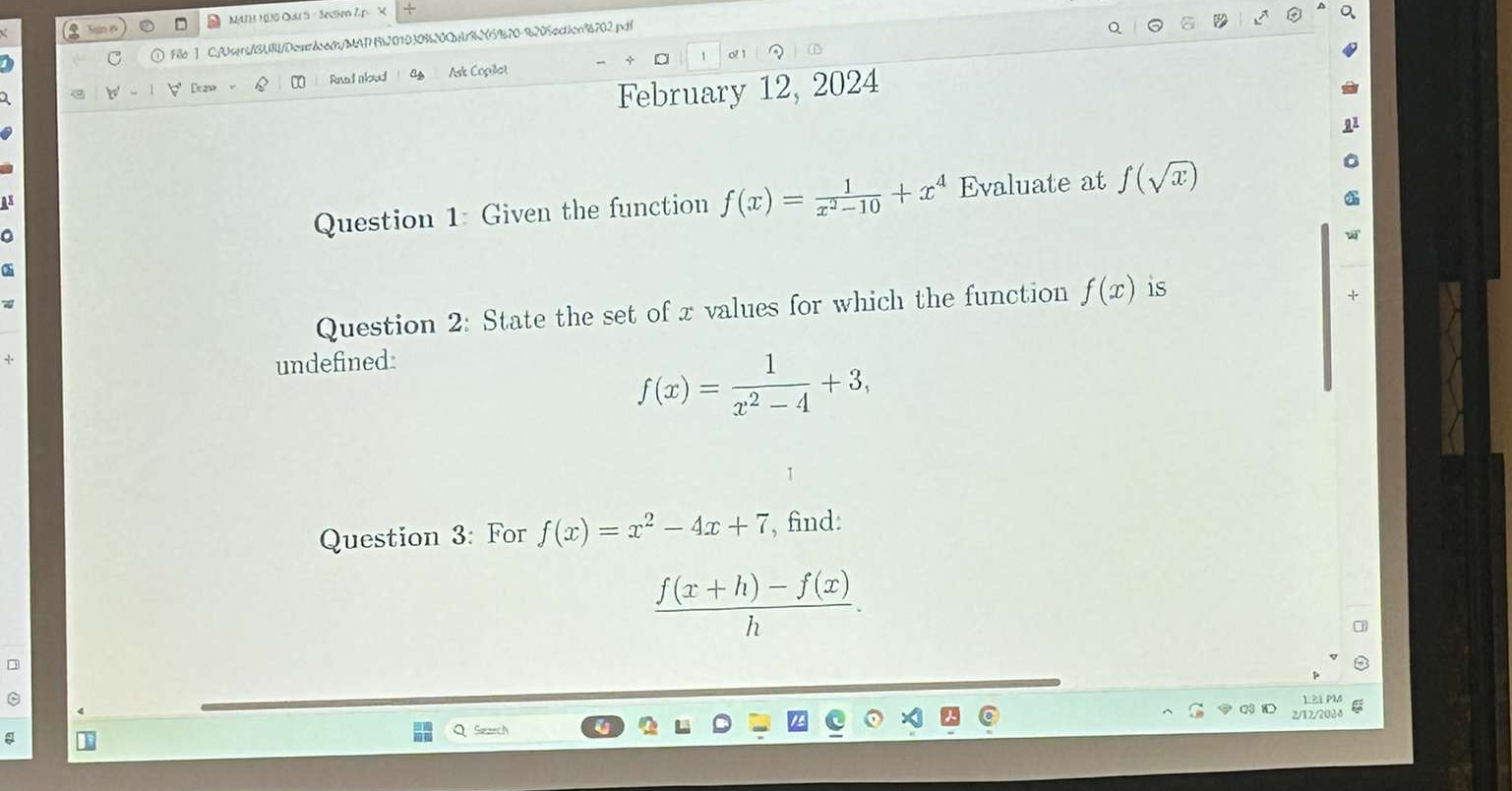Solved Question 1: Given the function f(x)=1x2-10+x4 | Chegg.com