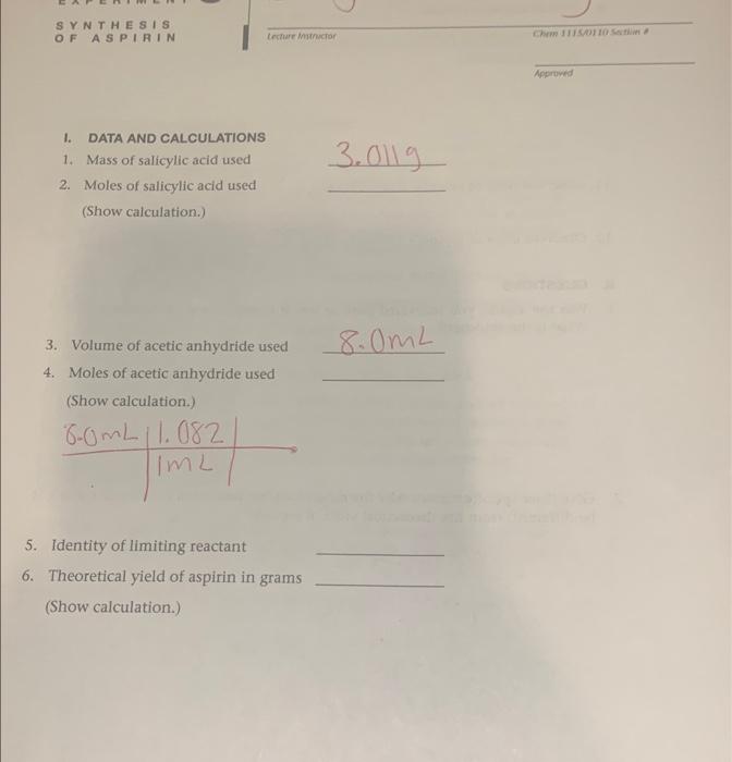 Solved 1. DATA AND CALCULATIONS 1. Mass of salicylic acid | Chegg.com