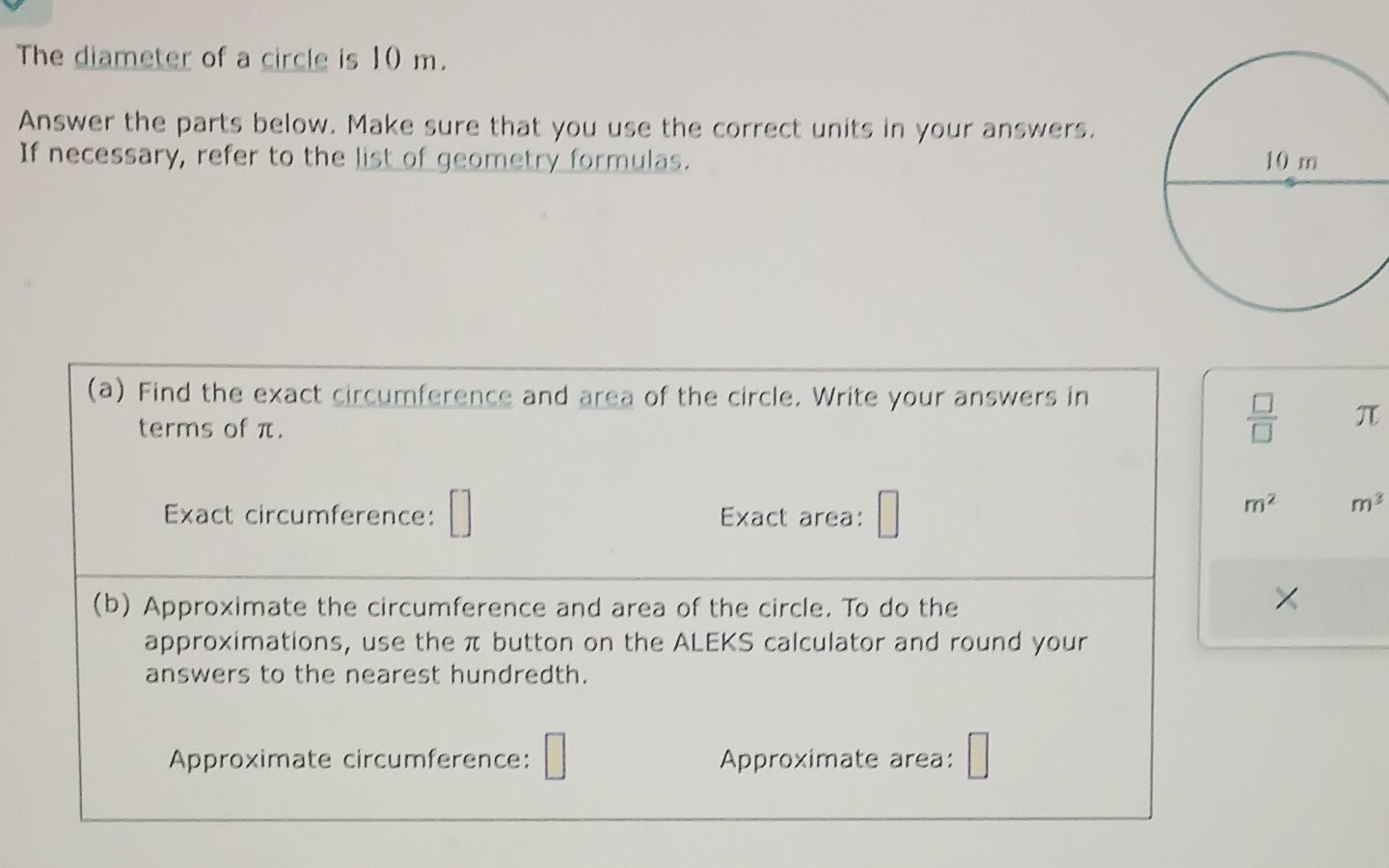 Solved The Diameter Of A Circle Is 10 M Answer The Parts Chegg solved-the-diameter-of-a-circle-is-10-m-answer-the-parts-chegg