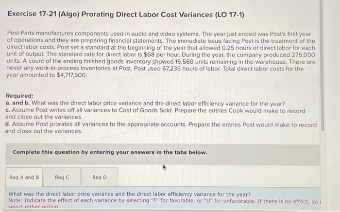 Solved Exercise 17-21 (Algo) Prorating Direct Labor Cost | Chegg.com
