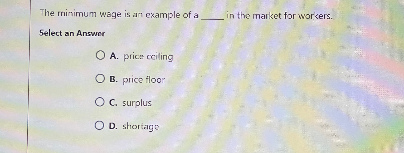Solved The minimum wage is an example of a in the market for | Chegg.com