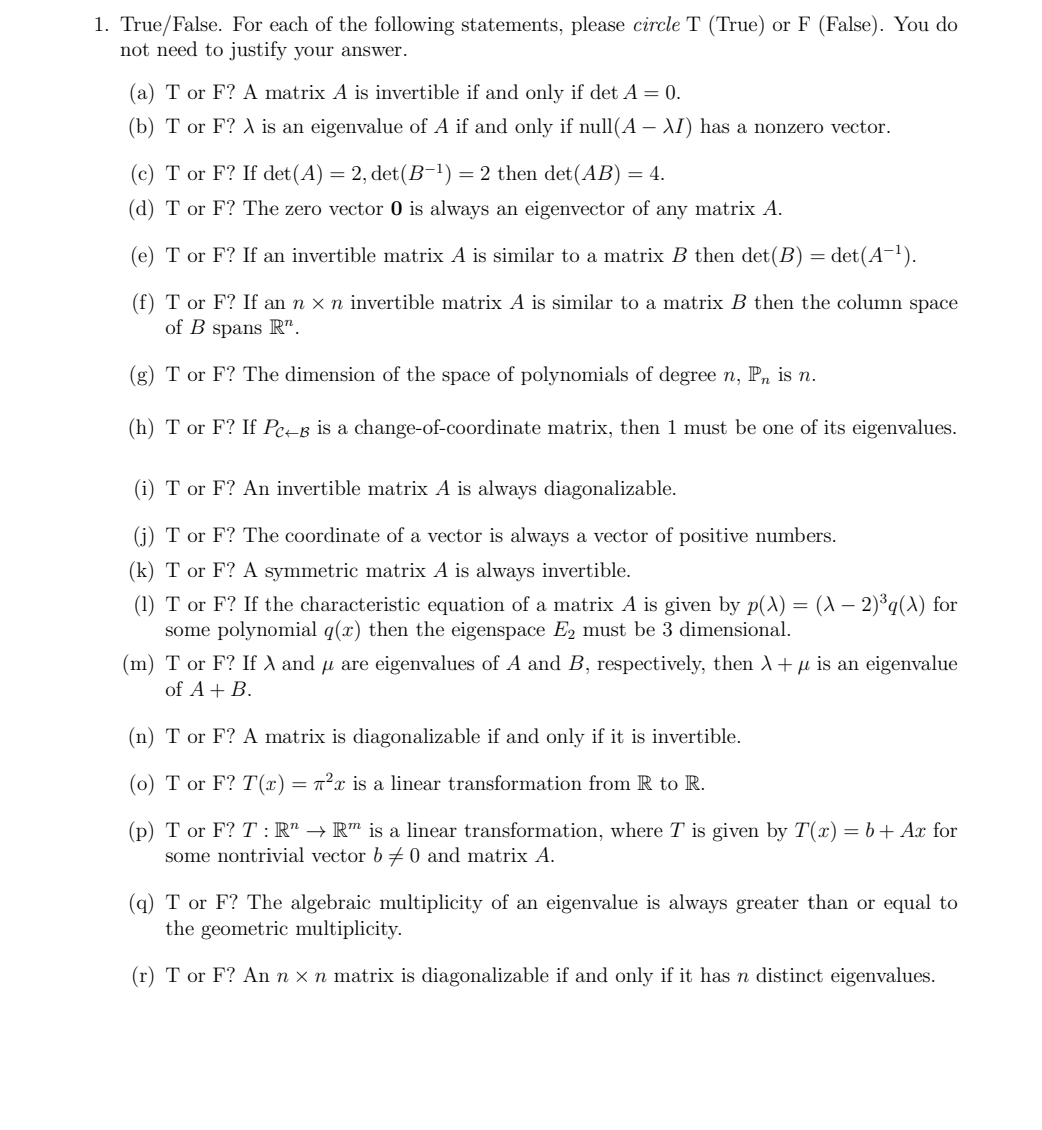 Solved True/False. ﻿For each of the following statements, | Chegg.com