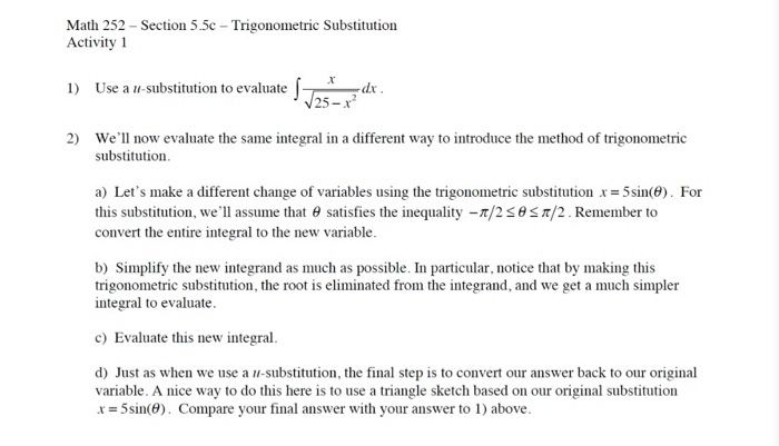 Solved Math 252 - Section 5.5c - Trigonometric Substitution | Chegg.com