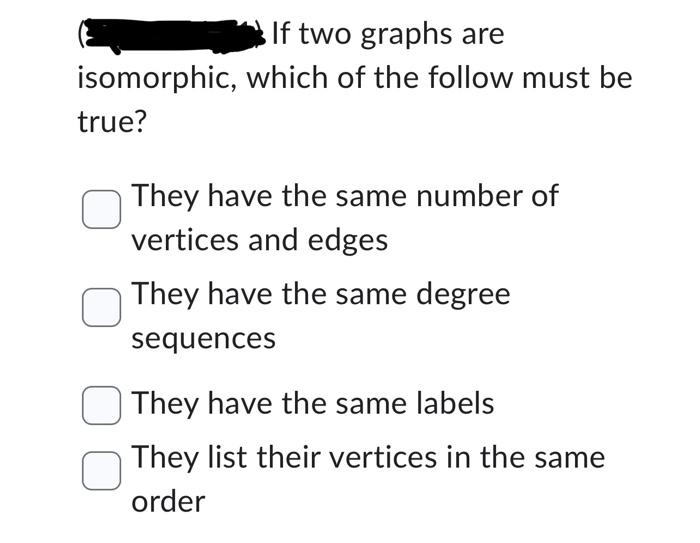 Solved If two graphs are isomorphic, which of the follow | Chegg.com