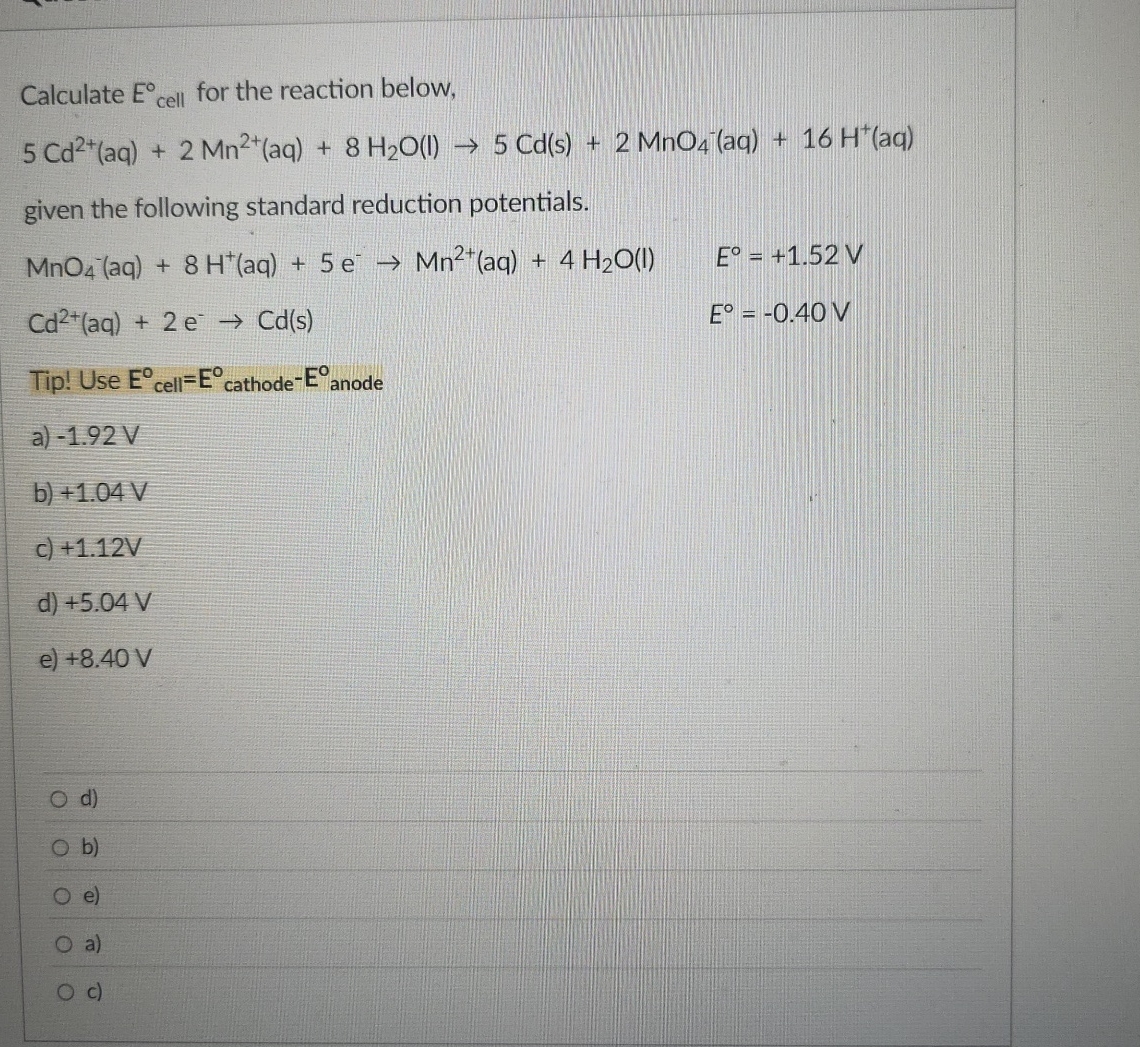Solved Calculate E° ﻿cell for the reaction | Chegg.com