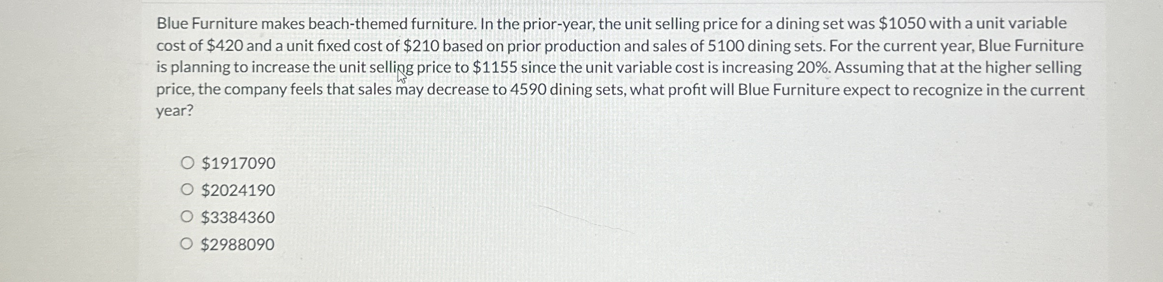 Solved Blue Furniture makes beach-themed furniture. In the | Chegg.com