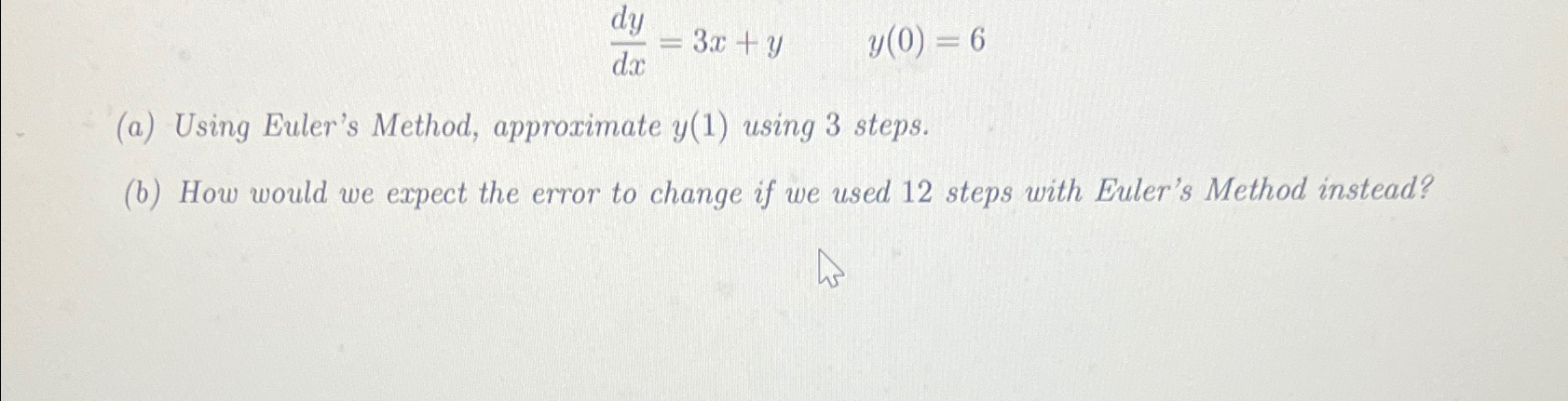 Solved dydx=3x+y,y(0)=6(a) ﻿Using Euler's Method, | Chegg.com