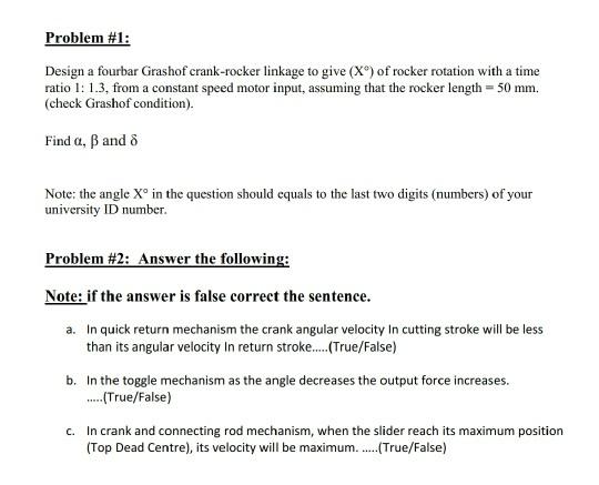Solved Problem #1: Design a fourbar Grashof crank-rocker | Chegg.com