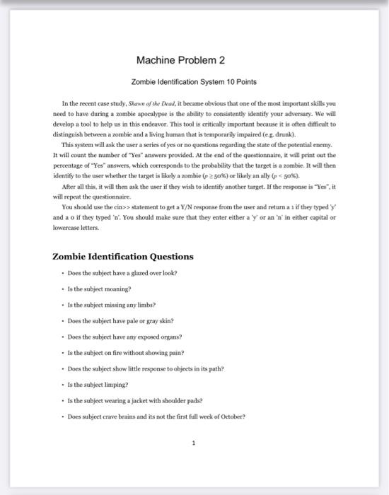 Machine Problem 2 Zombie Identification System 10 | Chegg.com