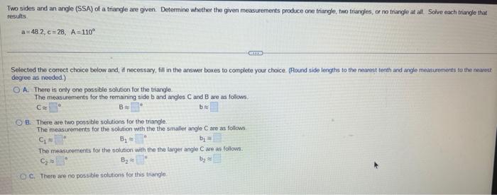Solved Two sides and an angle (SSA) of a triangle are given. | Chegg.com