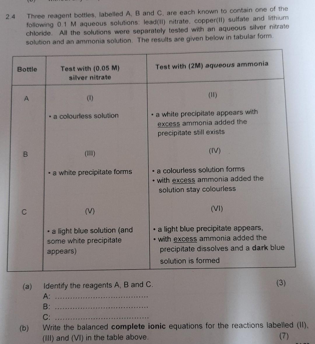 Solved 2.4 Three reagent bottles, labelled A, B and C, are | Chegg.com