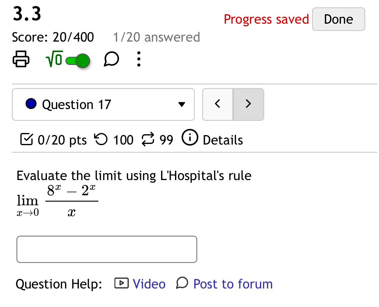 Solved 3.3Progress savedScore: 20/400 1/20 | Chegg.com