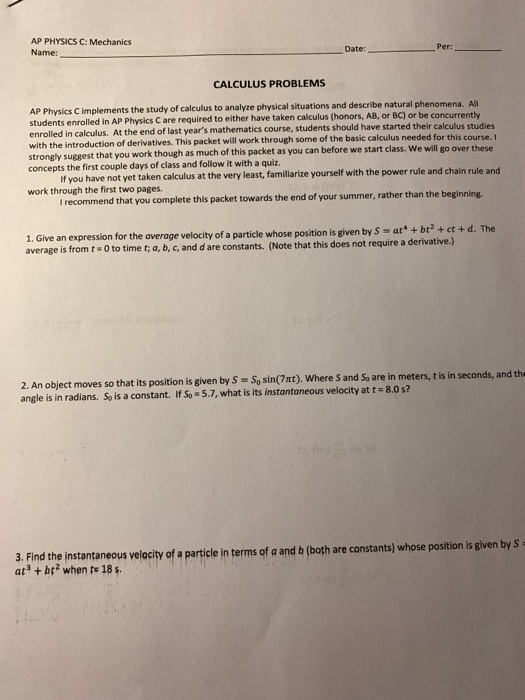 Solved AP PHYSICS C: Mechanics Per: Date: Name: CALCULUS | Chegg.com