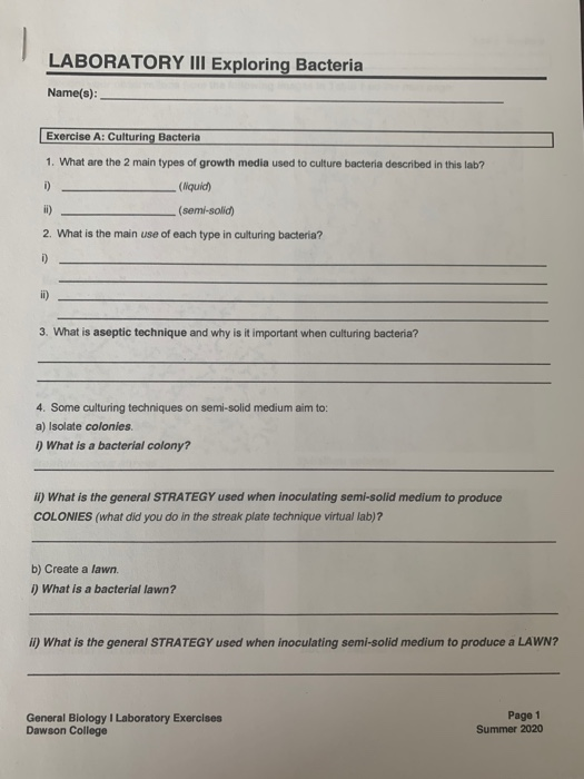 Solved LABORATORY III Exploring Bacteria Name(s): Exercise | Chegg.com