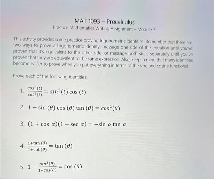 Solved IVIAI I093 - Precalculus Practice Mathematics Writing | Chegg.com
