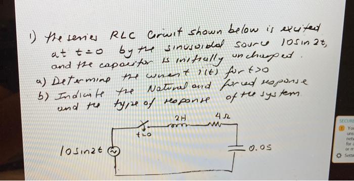 Solved 1) the series RLC Crwit shown below is exuited at t=0 | Chegg.com