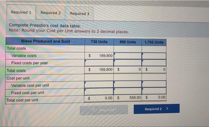 Solved Complete Presidio's cost data table. Note: Round your | Chegg.com