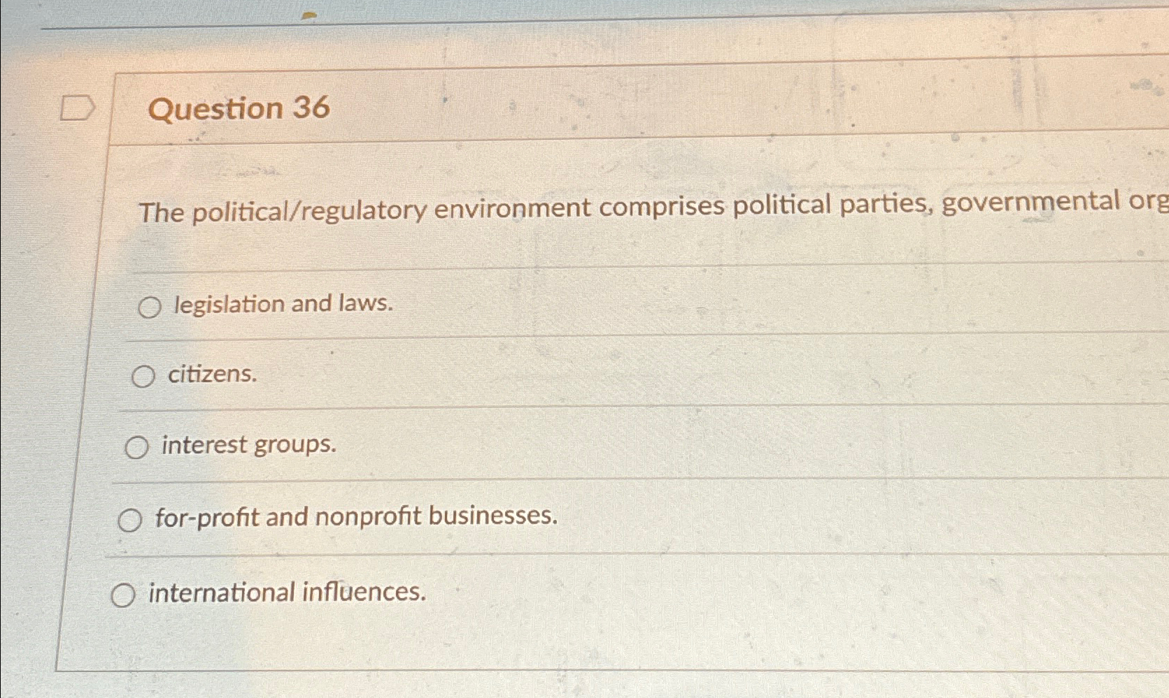 Solved Question 36The political/regulatory environment | Chegg.com