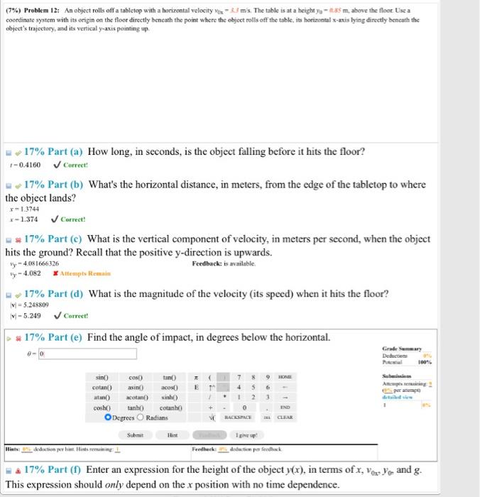 Solved (7\%) Problem 12; An object rolls off a tabletop with | Chegg.com