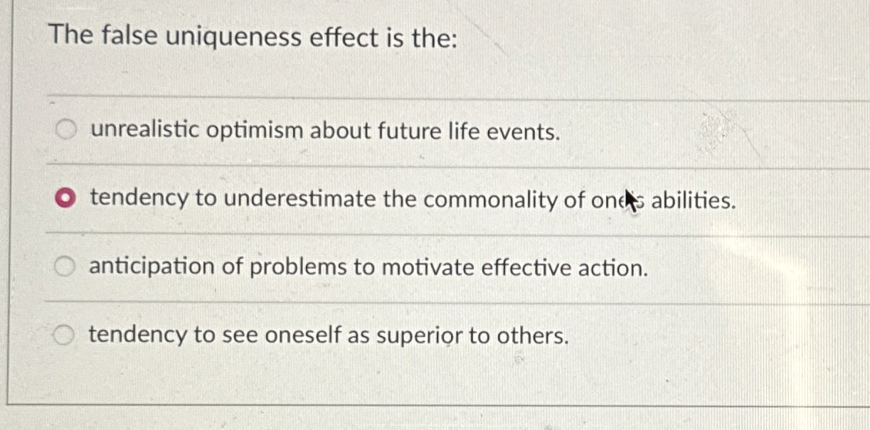 Solved The false uniqueness effect is the:unrealistic | Chegg.com