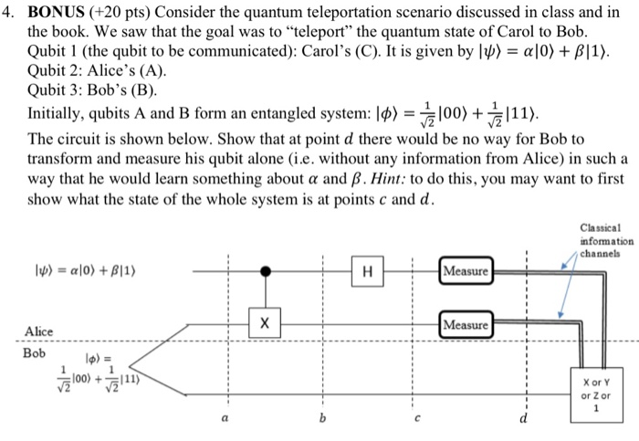 Solved 4. BONUS (+20 pts) Consider the quantum teleportation | Chegg.com