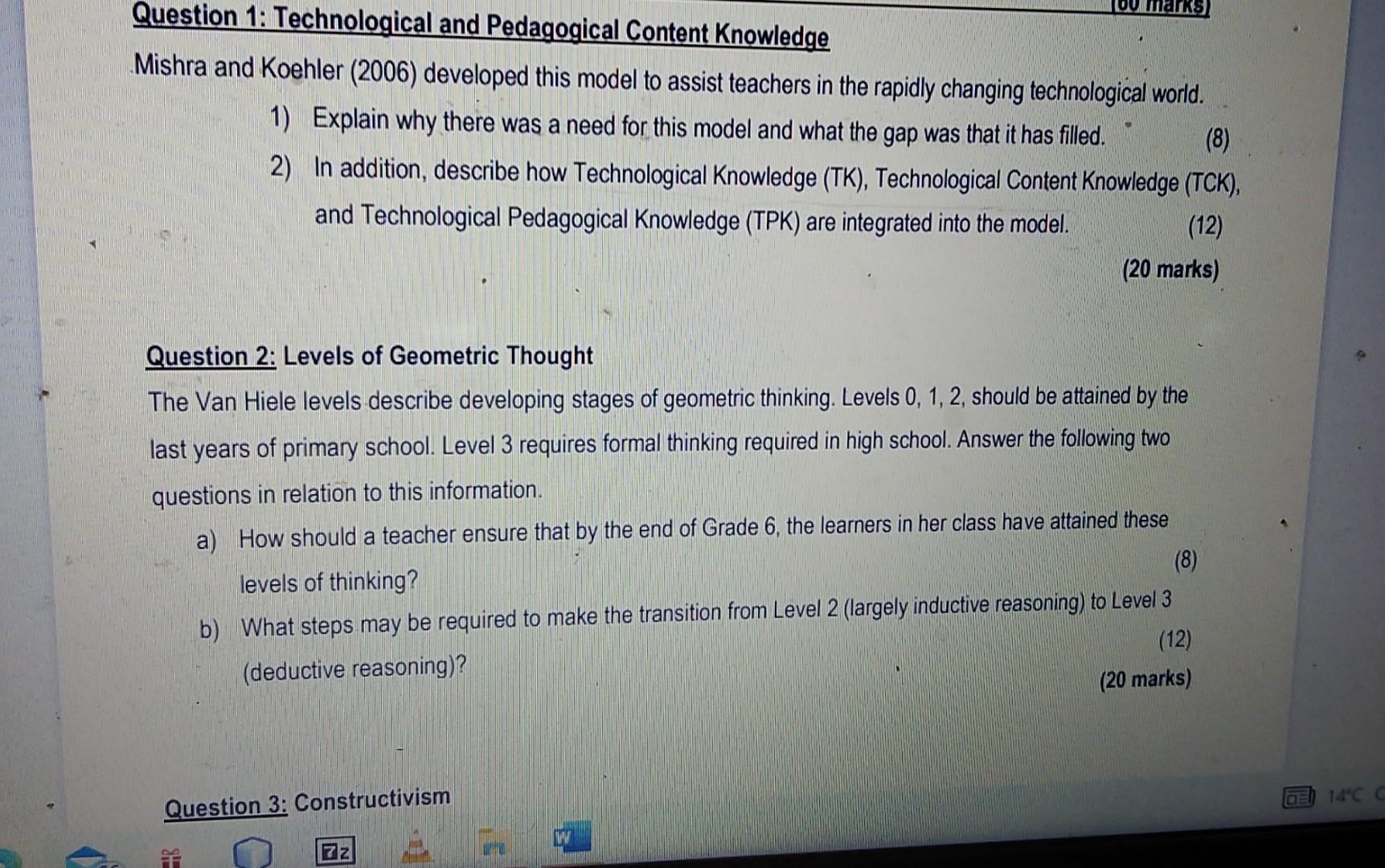Solved Question 1: Technological and Pedagogical Content | Chegg.com