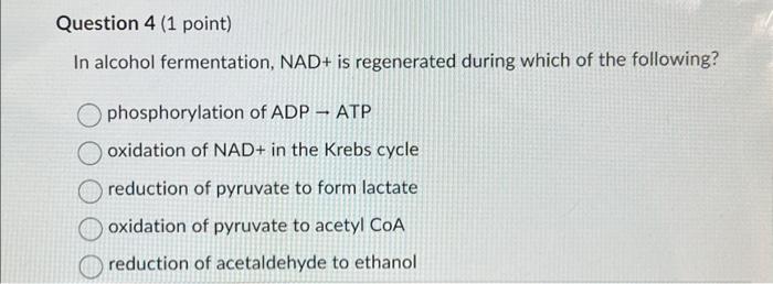 Solved In alcohol fermentation, NAD+ is regenerated during | Chegg.com