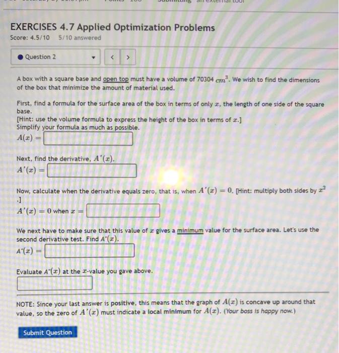 Solved EXERCISES 4.7 Applied Optimization Problems Score: | Chegg.com