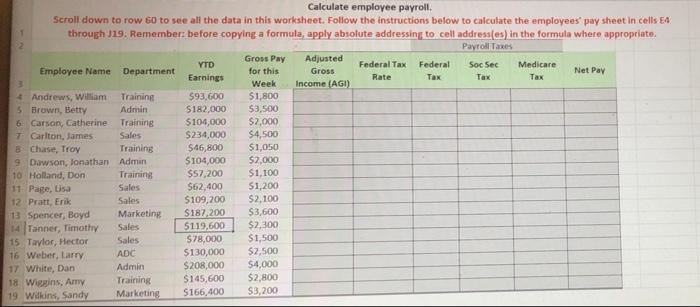 Tax Calculate employee payroll. Scroll down to row 60 | Chegg.com